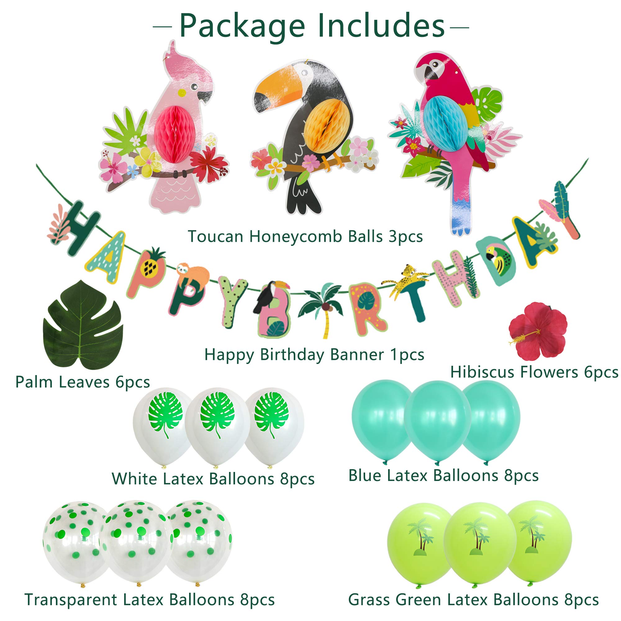 ADLKGG Hawaiian Birthday Party Decorations for Kids, Tropical Birds Parrot Toucan Honeycomb Paper Cutouts, Luau Happy Birthday Banner Palm Leaves Hibiscus Flowers Balloons for Summer Aloha Party