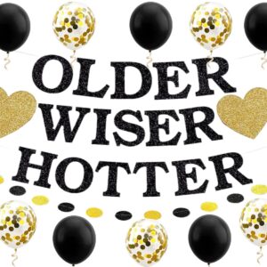 OLDER WISER HOTTER Banner Funny Birthday Party Decoration Supplies Glitter Hanging Garland Kit 10pcs Balloons Bunting 30th 40th 50h 60th 70th 80th Birthday Party Photobooth Backdrop Adult Black Gold