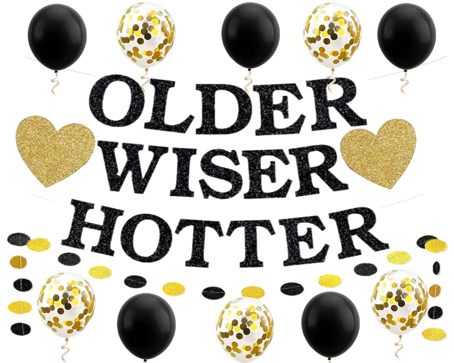 OLDER WISER HOTTER Banner Funny Birthday Party Decoration Supplies Glitter Hanging Garland Kit 10pcs Balloons Bunting 30th 40th 50h 60th 70th 80th Birthday Party Photobooth Backdrop Adult Black Gold