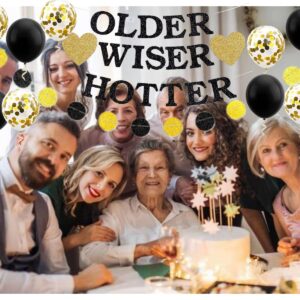 OLDER WISER HOTTER Banner Funny Birthday Party Decoration Supplies Glitter Hanging Garland Kit 10pcs Balloons Bunting 30th 40th 50h 60th 70th 80th Birthday Party Photobooth Backdrop Adult Black Gold