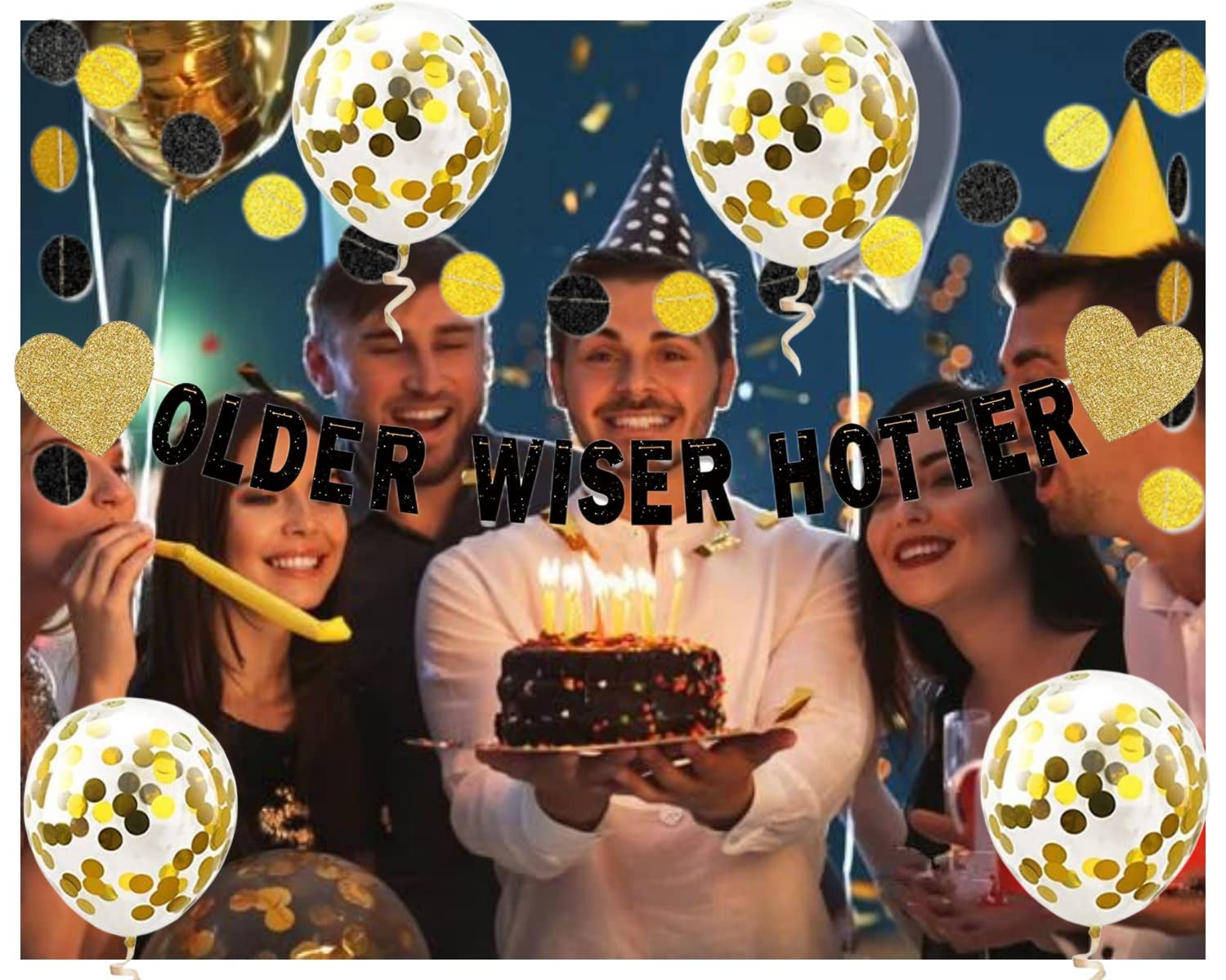 OLDER WISER HOTTER Banner Funny Birthday Party Decoration Supplies Glitter Hanging Garland Kit 10pcs Balloons Bunting 30th 40th 50h 60th 70th 80th Birthday Party Photobooth Backdrop Adult Black Gold