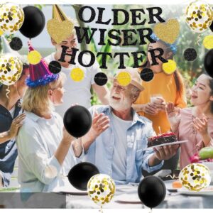 OLDER WISER HOTTER Banner Funny Birthday Party Decoration Supplies Glitter Hanging Garland Kit 10pcs Balloons Bunting 30th 40th 50h 60th 70th 80th Birthday Party Photobooth Backdrop Adult Black Gold