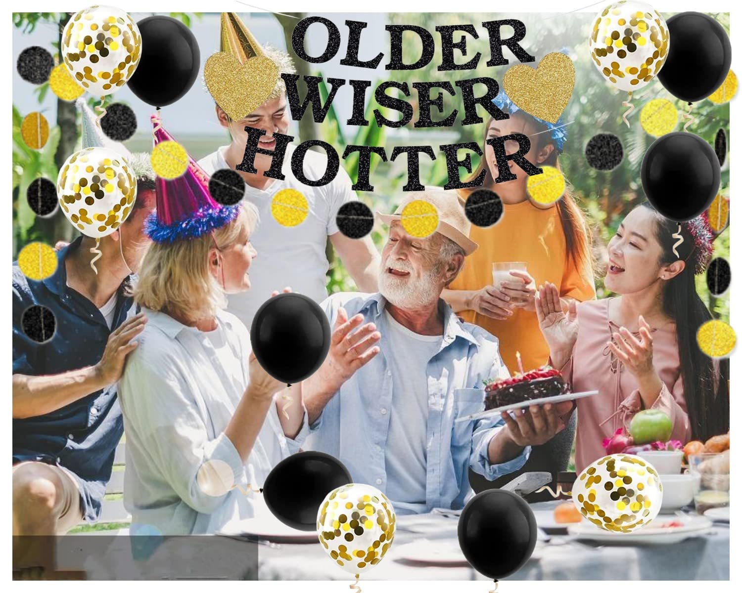 OLDER WISER HOTTER Banner Funny Birthday Party Decoration Supplies Glitter Hanging Garland Kit 10pcs Balloons Bunting 30th 40th 50h 60th 70th 80th Birthday Party Photobooth Backdrop Adult Black Gold