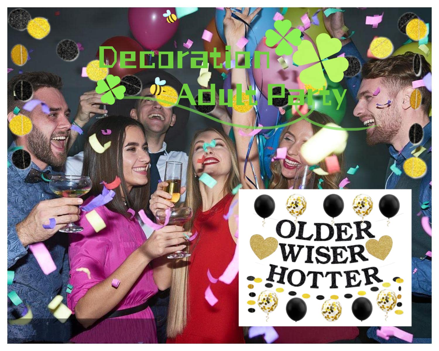 OLDER WISER HOTTER Banner Funny Birthday Party Decoration Supplies Glitter Hanging Garland Kit 10pcs Balloons Bunting 30th 40th 50h 60th 70th 80th Birthday Party Photobooth Backdrop Adult Black Gold