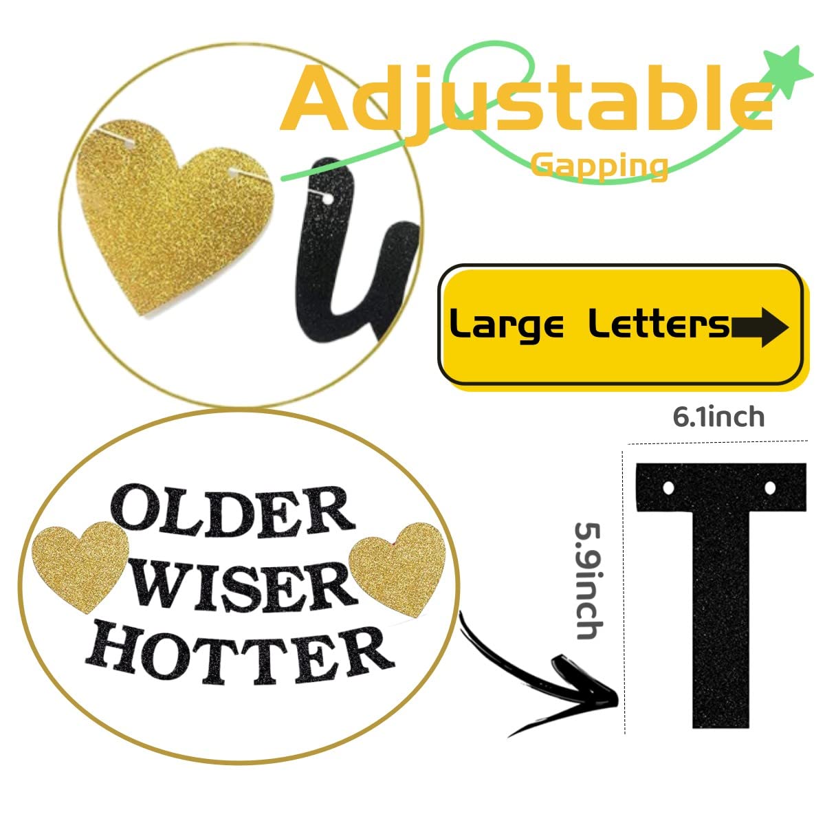 OLDER WISER HOTTER Banner Funny Birthday Party Decoration Supplies Glitter Hanging Garland Kit 10pcs Balloons Bunting 30th 40th 50h 60th 70th 80th Birthday Party Photobooth Backdrop Adult Black Gold