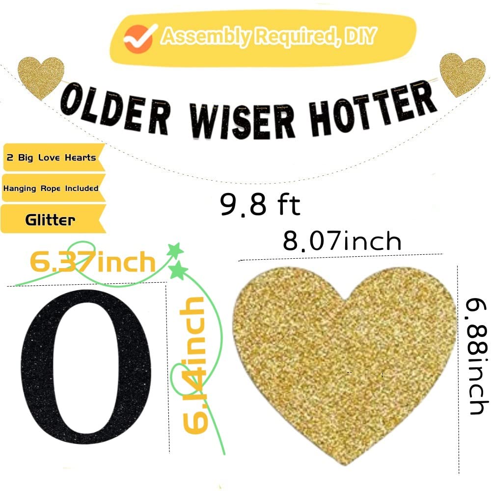 OLDER WISER HOTTER Banner Funny Birthday Party Decoration Supplies Glitter Hanging Garland Kit 10pcs Balloons Bunting 30th 40th 50h 60th 70th 80th Birthday Party Photobooth Backdrop Adult Black Gold