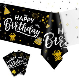 happy birthday decorations, 3pcs black and gold birthday tablecloth for men women, plastic disposable rectangle table cover for 90th 80th 70th 60th 50th 40th 30th birthday party decor- 54" x 108"