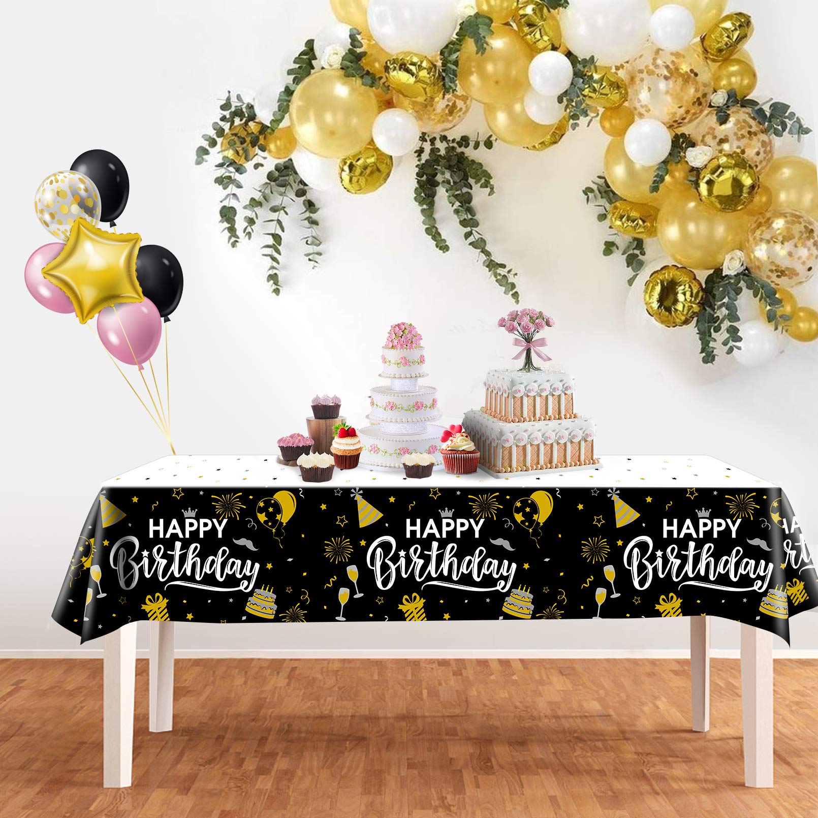 Happy Birthday Decorations, 3pcs Black and Gold Birthday Tablecloth for Men Women, Plastic Disposable Rectangle Table Cover for 90th 80th 70th 60th 50th 40th 30th Birthday Party Decor- 54" x 108"