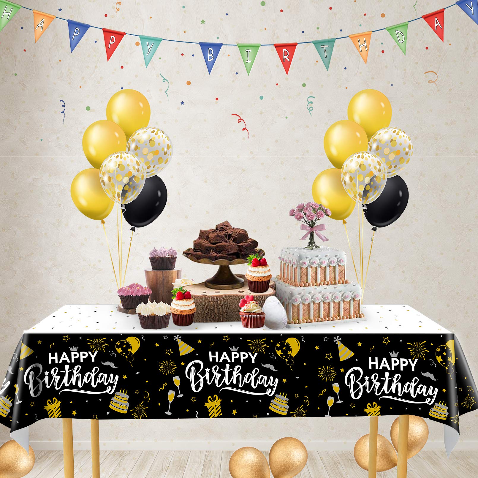 Happy Birthday Decorations, 3pcs Black and Gold Birthday Tablecloth for Men Women, Plastic Disposable Rectangle Table Cover for 90th 80th 70th 60th 50th 40th 30th Birthday Party Decor- 54" x 108"