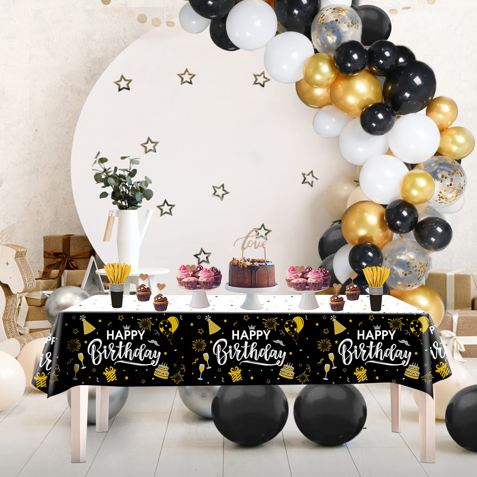 Happy Birthday Decorations, 3pcs Black and Gold Birthday Tablecloth for Men Women, Plastic Disposable Rectangle Table Cover for 90th 80th 70th 60th 50th 40th 30th Birthday Party Decor- 54" x 108"