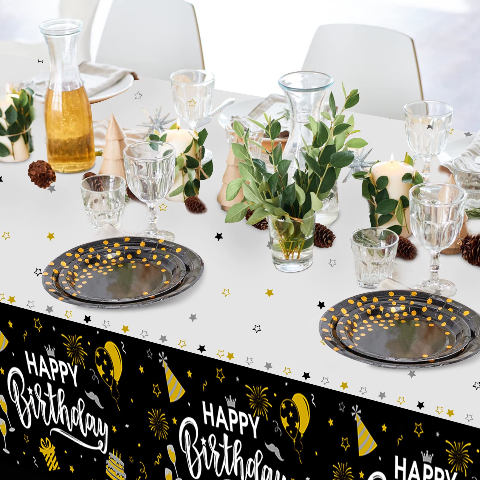 Happy Birthday Decorations, 3pcs Black and Gold Birthday Tablecloth for Men Women, Plastic Disposable Rectangle Table Cover for 90th 80th 70th 60th 50th 40th 30th Birthday Party Decor- 54" x 108"