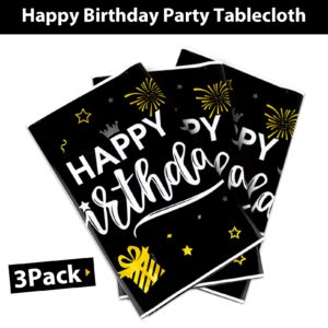 Happy Birthday Decorations, 3pcs Black and Gold Birthday Tablecloth for Men Women, Plastic Disposable Rectangle Table Cover for 90th 80th 70th 60th 50th 40th 30th Birthday Party Decor- 54" x 108"