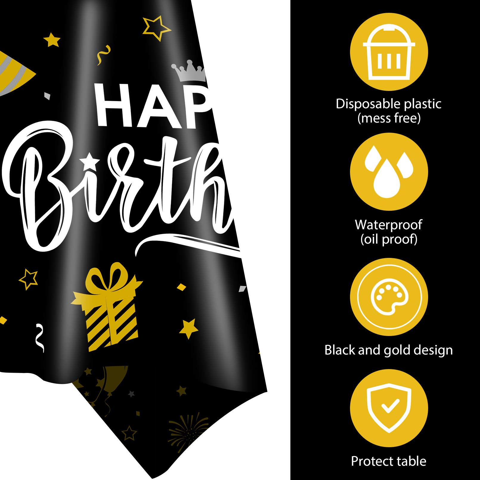 Happy Birthday Decorations, 3pcs Black and Gold Birthday Tablecloth for Men Women, Plastic Disposable Rectangle Table Cover for 90th 80th 70th 60th 50th 40th 30th Birthday Party Decor- 54" x 108"