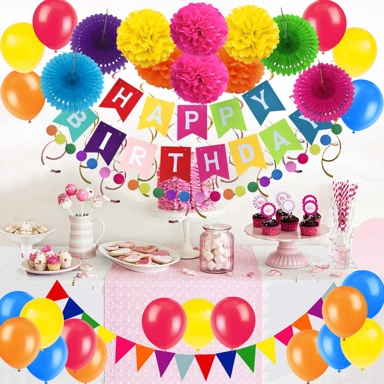 ZERODECO Birthday Decoration Set, Happy Birthday Banner Bunting with 4 Paper Fans Tissue 6 Paper Pom Poms Flower 10 Hanging Swirl and 20 Balloon for Birthday Party Decorations - Multicoloured