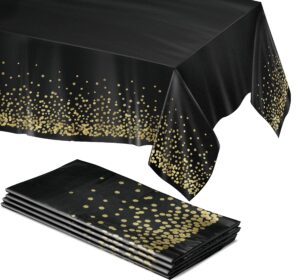 prestee black and gold table cloths for parties, 4pk, 54"x108" - gold dot plastic tablecloths, black tablecloth, black and gold party decorations, paper tablecloth for bbq, party, fine dining, wedding