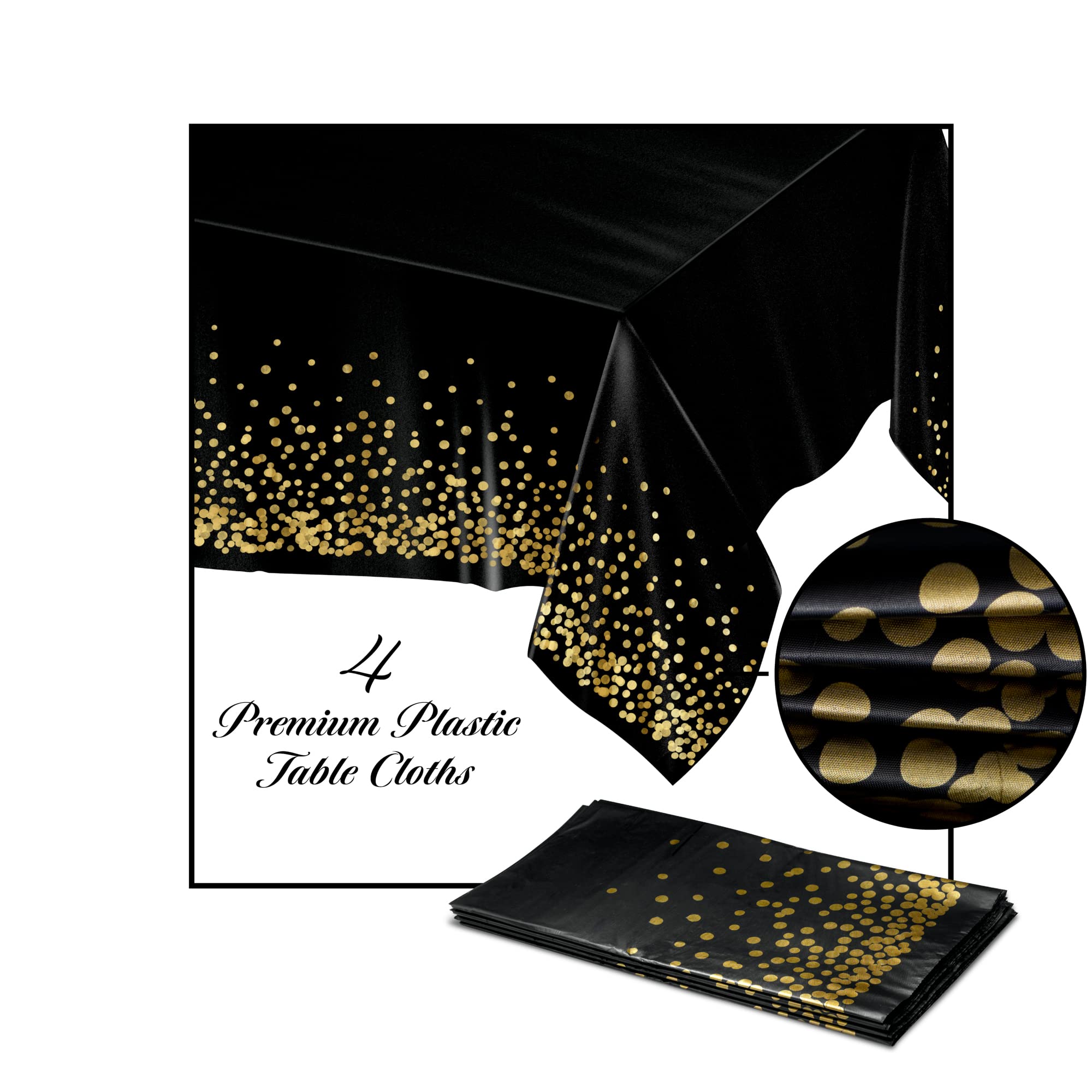 Prestee Black and Gold Table Cloths for Parties, 4pk, 54"x108" - Gold Dot Plastic Tablecloths, Black Tablecloth, Black and Gold Party Decorations, Paper Tablecloth for BBQ, Party, Fine Dining, Wedding