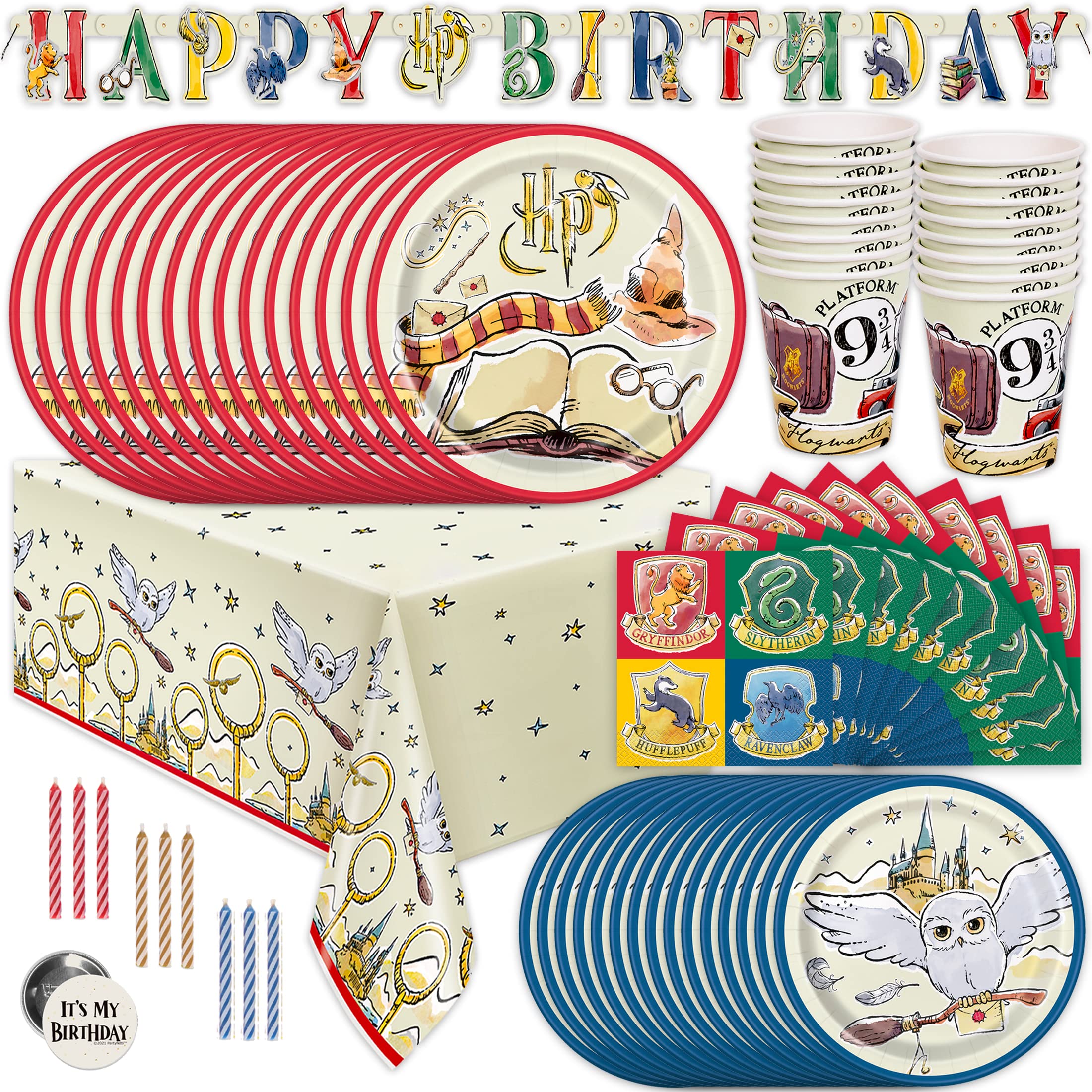 Harry Potter Birthday Decorations Kit | Harry Potter Birthday Party Supplies | With Harry Potter Table Cover, Banner, Dinner and Cake Plates, Napkins, Cups, Candles, Button | Serves 16