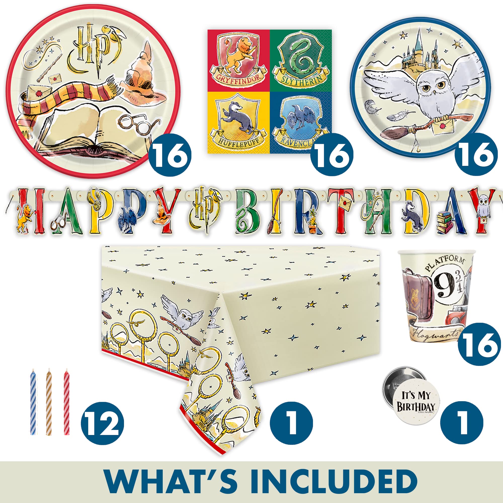 Harry Potter Birthday Decorations Kit | Harry Potter Birthday Party Supplies | With Harry Potter Table Cover, Banner, Dinner and Cake Plates, Napkins, Cups, Candles, Button | Serves 16