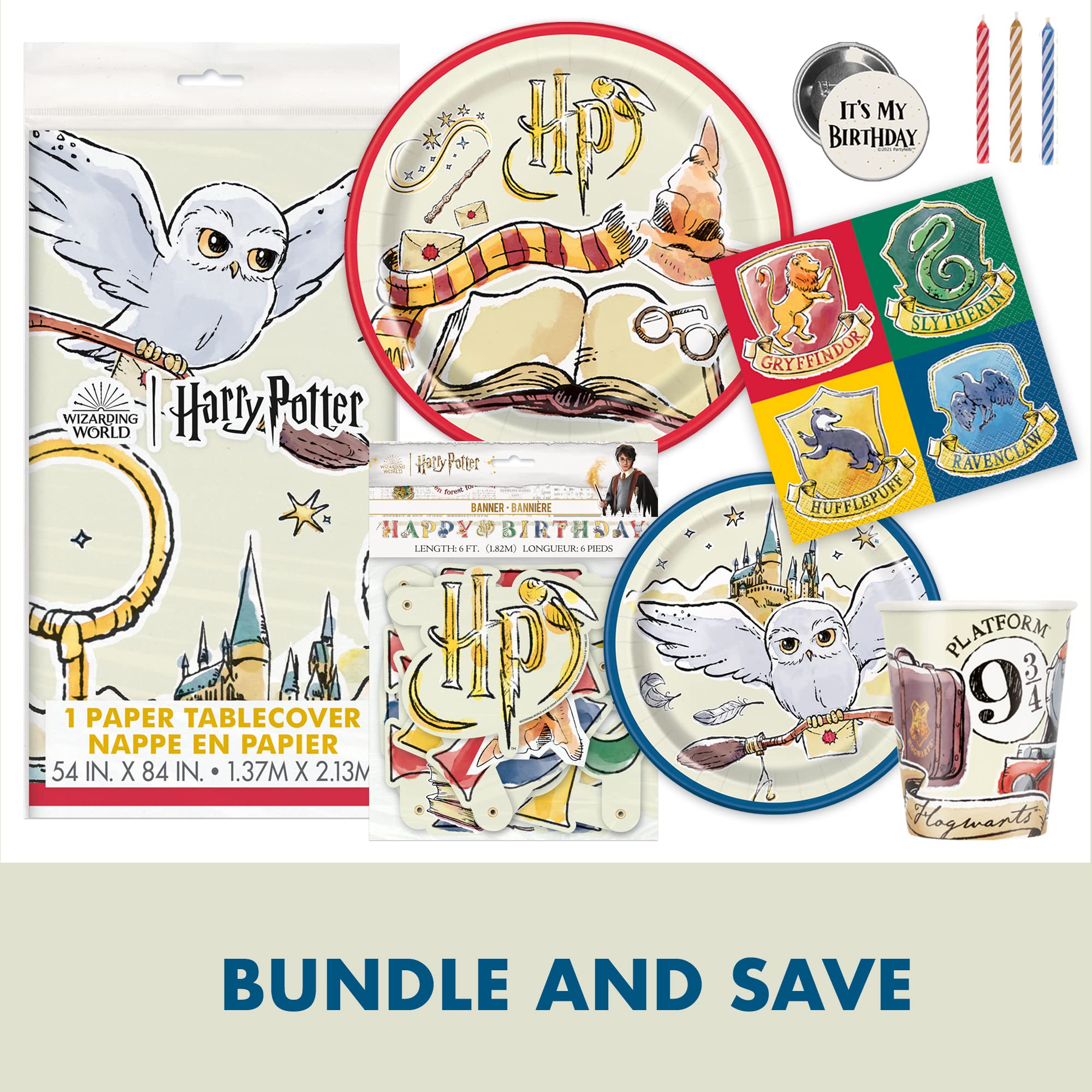 Harry Potter Birthday Decorations Kit | Harry Potter Birthday Party Supplies | With Harry Potter Table Cover, Banner, Dinner and Cake Plates, Napkins, Cups, Candles, Button | Serves 16