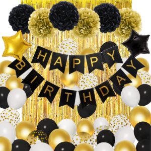 amandir black gold birthday decorations for men women,black gold white foil confetti balloons happy birthday banner pom poms metallic fringe curtains 18th 30th 40th 50th 60th birthday party supplies