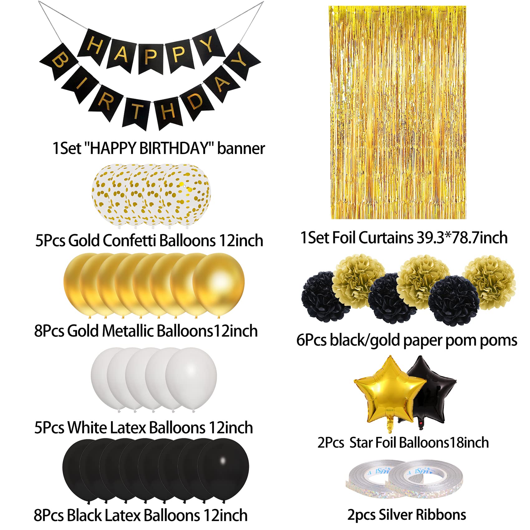 Amandir Black Gold Birthday Decorations for Men Women,Black Gold White Foil Confetti Balloons Happy Birthday Banner Pom Poms Metallic Fringe Curtains 18th 30th 40th 50th 60th Birthday Party Supplies