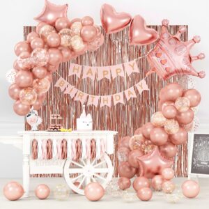 rubfac rose gold birthday decorations set for women with birthday banner background confetti balloons and tri-color tassel garland for girls women