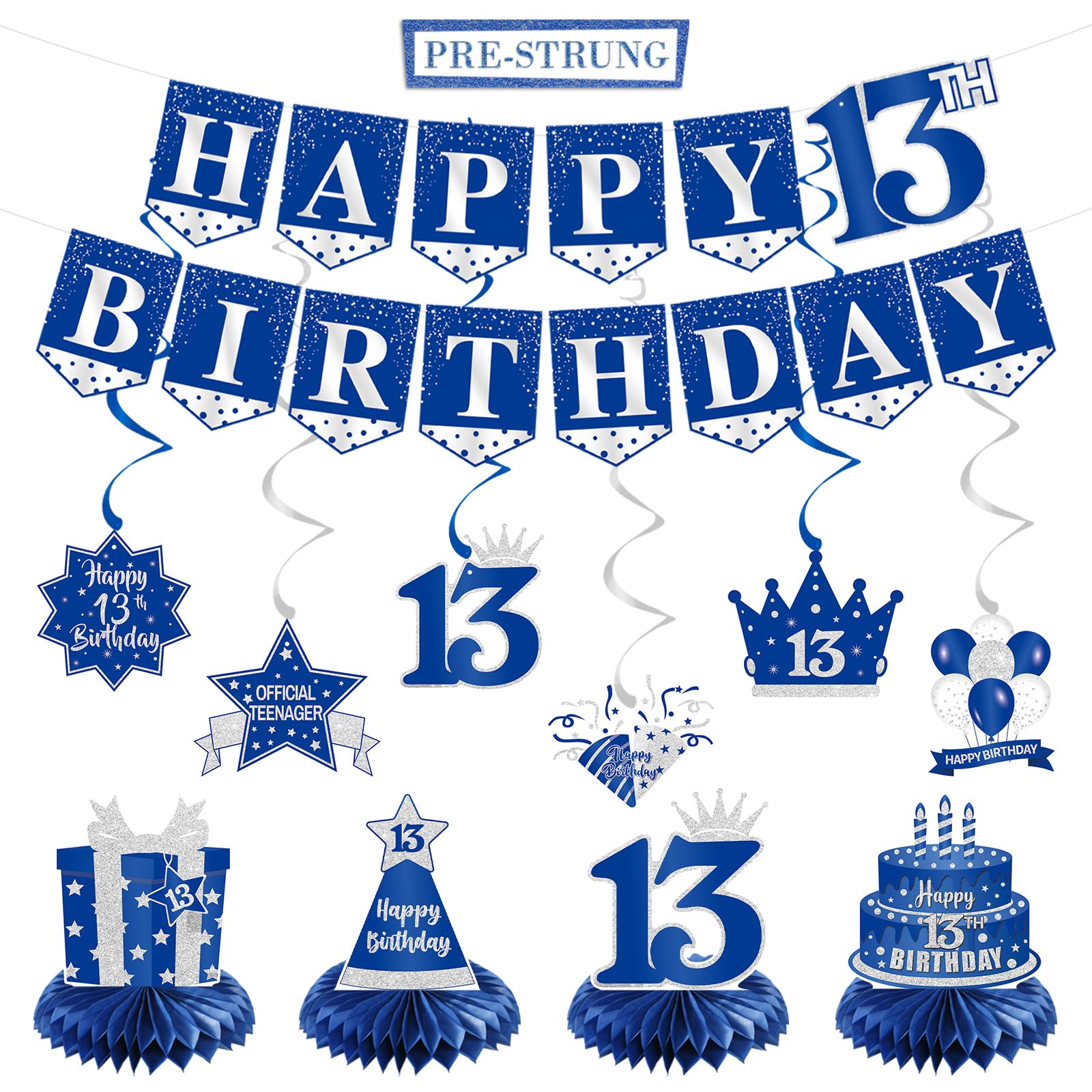 PRE-STRUNG Official Teenager 13th Birthday Decorations for Boys Girls, Happy 13th Birthday Letter Banner Sign Hanging Swirls Honeycomb Centerpieces Kit Blue, 13 Year Birthday Party Backdrop, PHXEY