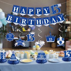 PRE-STRUNG Official Teenager 13th Birthday Decorations for Boys Girls, Happy 13th Birthday Letter Banner Sign Hanging Swirls Honeycomb Centerpieces Kit Blue, 13 Year Birthday Party Backdrop, PHXEY