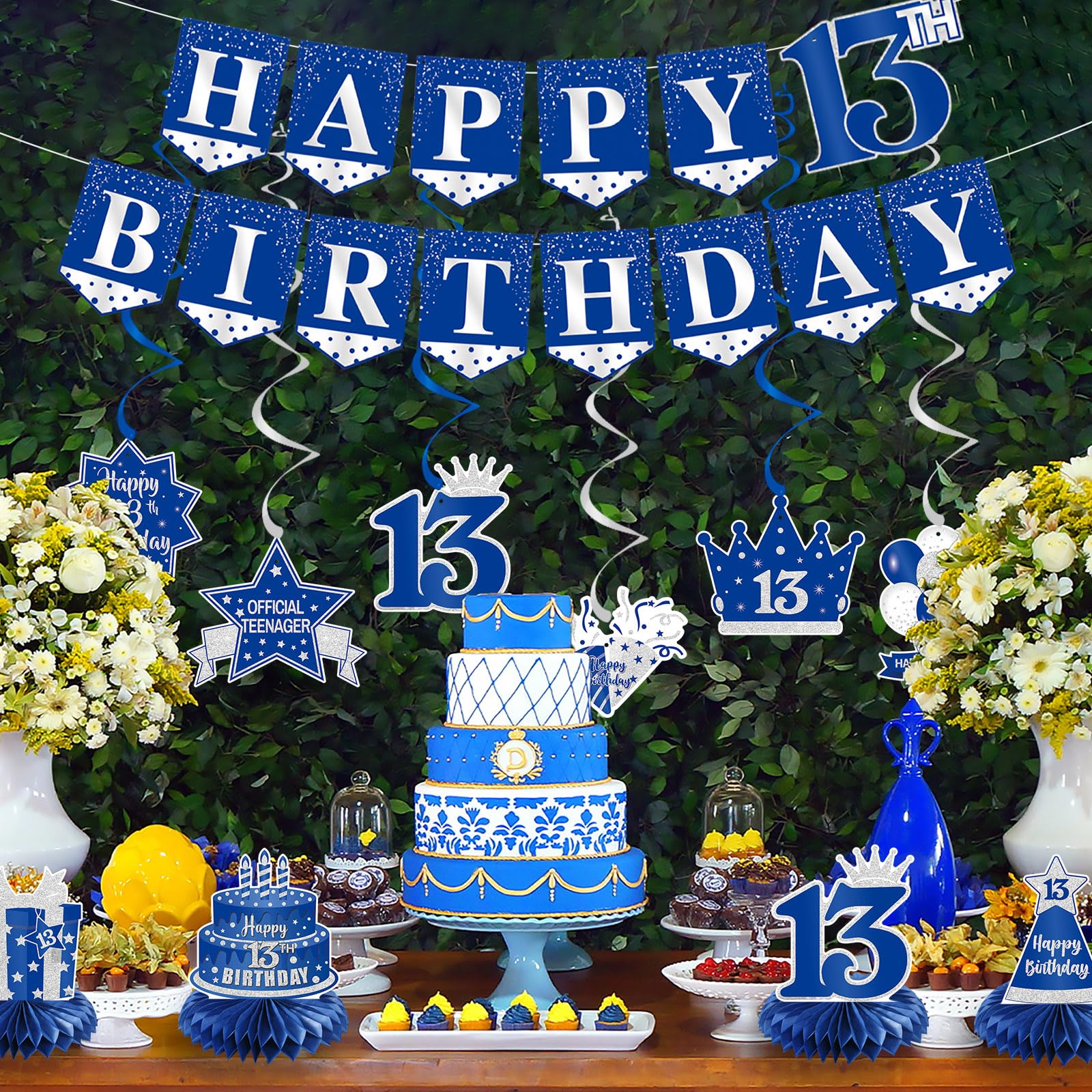 PRE-STRUNG Official Teenager 13th Birthday Decorations for Boys Girls, Happy 13th Birthday Letter Banner Sign Hanging Swirls Honeycomb Centerpieces Kit Blue, 13 Year Birthday Party Backdrop, PHXEY