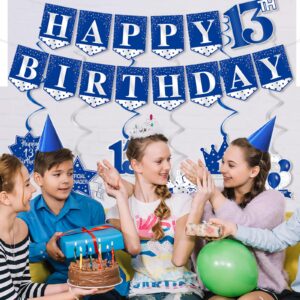 PRE-STRUNG Official Teenager 13th Birthday Decorations for Boys Girls, Happy 13th Birthday Letter Banner Sign Hanging Swirls Honeycomb Centerpieces Kit Blue, 13 Year Birthday Party Backdrop, PHXEY