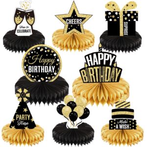 8 pieces happy birthday party decorations supplies birthday honeycomb centerpieces birthday table toppers for birthday party favor photo booth props, black and gold