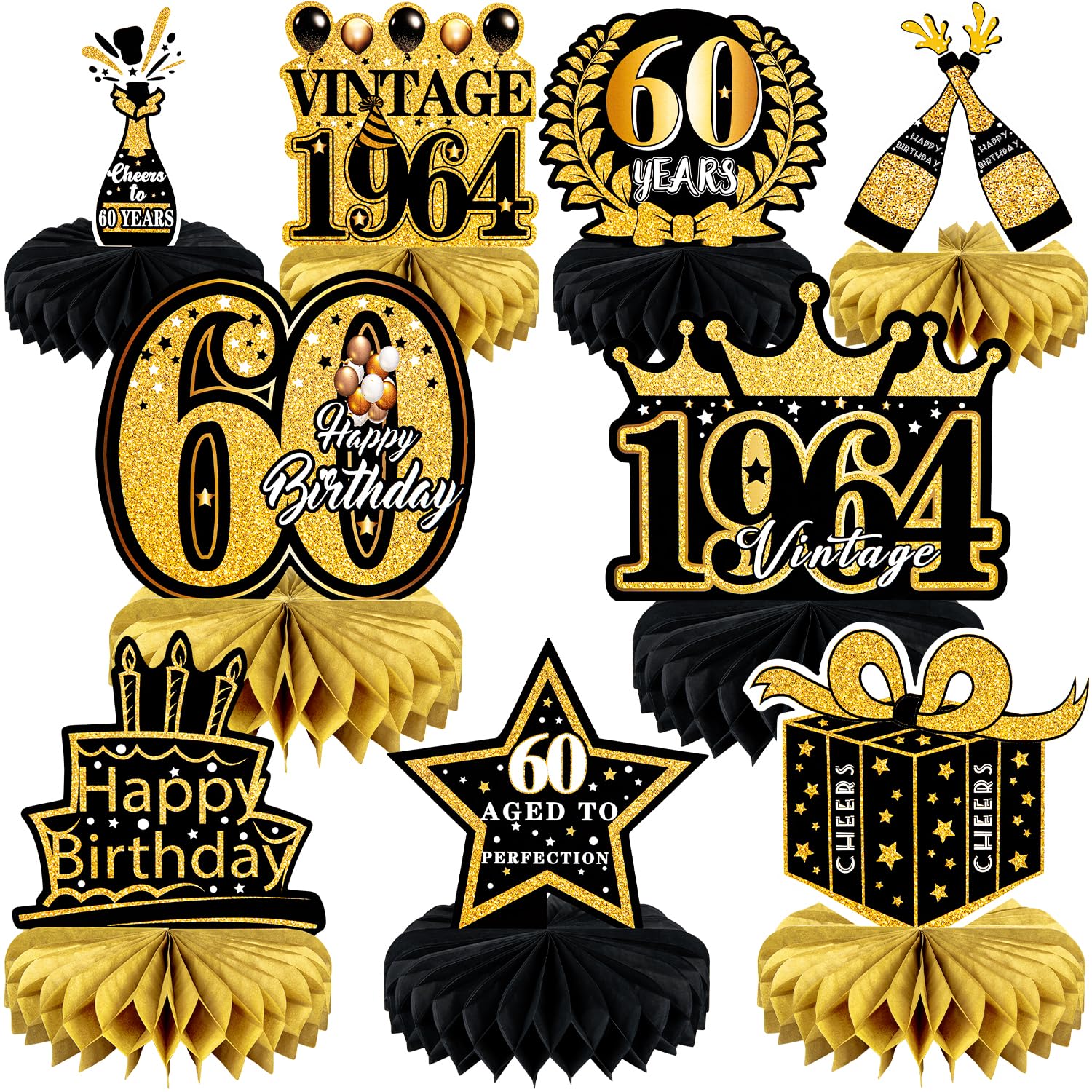 9 Pcs 60th Birthday Decoration for Men Women 60th Birthday Centerpieces for Tables Cheers to 60 Years Birthday Honeycomb Decor 1964 Birthday Table Topper Black and Gold 60th Birthday Party Favors