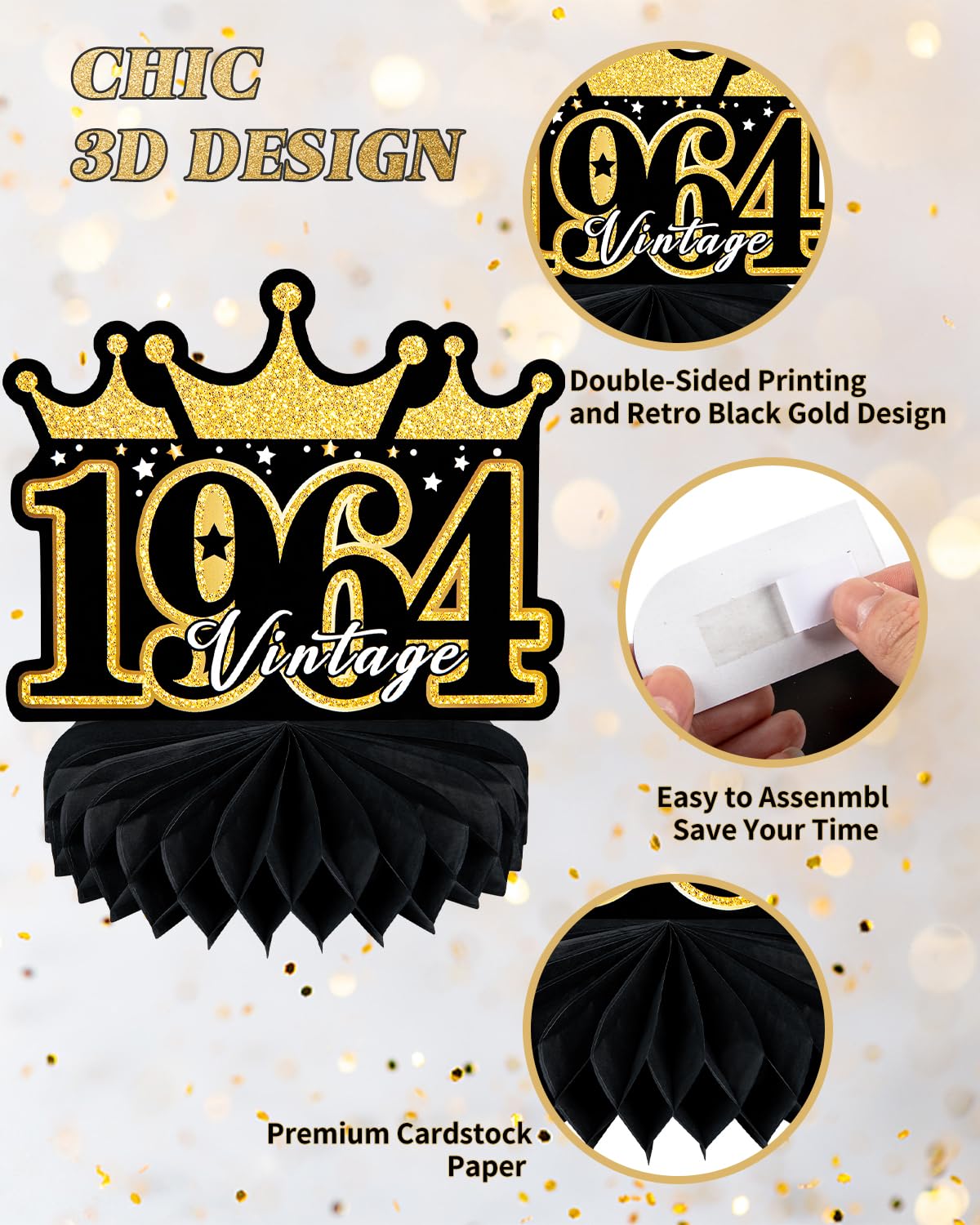 9 Pcs 60th Birthday Decoration for Men Women 60th Birthday Centerpieces for Tables Cheers to 60 Years Birthday Honeycomb Decor 1964 Birthday Table Topper Black and Gold 60th Birthday Party Favors