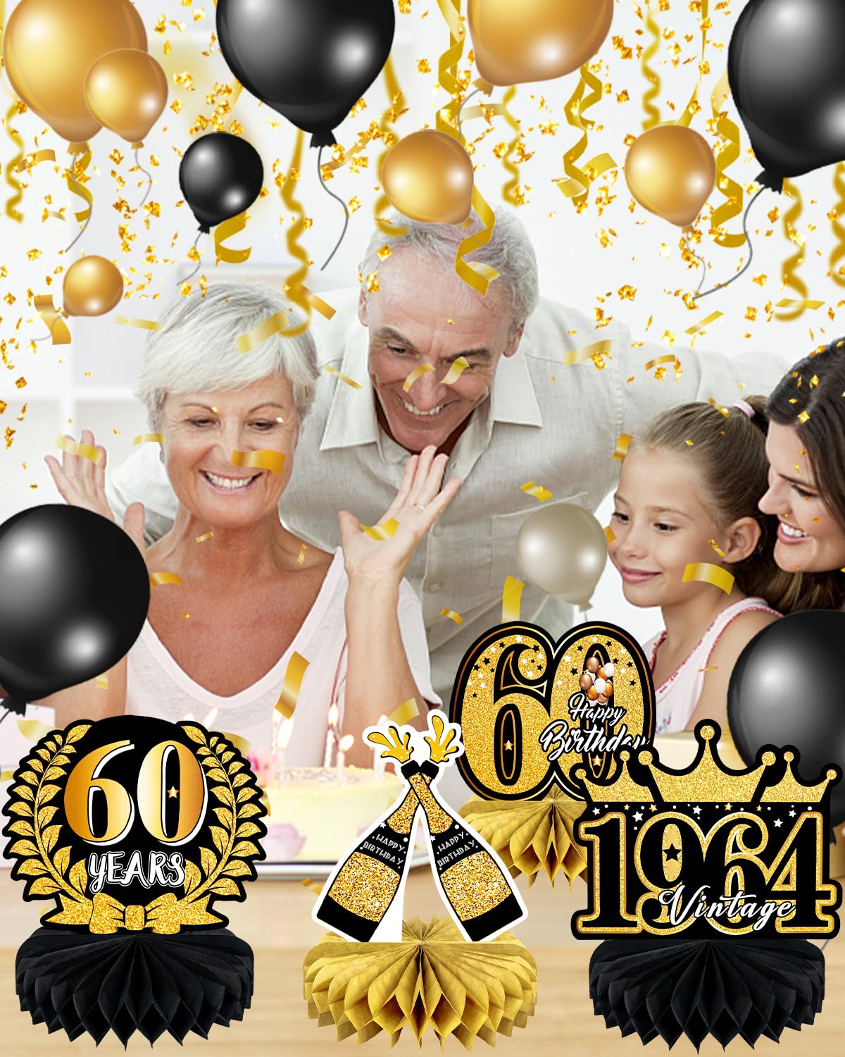 9 Pcs 60th Birthday Decoration for Men Women 60th Birthday Centerpieces for Tables Cheers to 60 Years Birthday Honeycomb Decor 1964 Birthday Table Topper Black and Gold 60th Birthday Party Favors