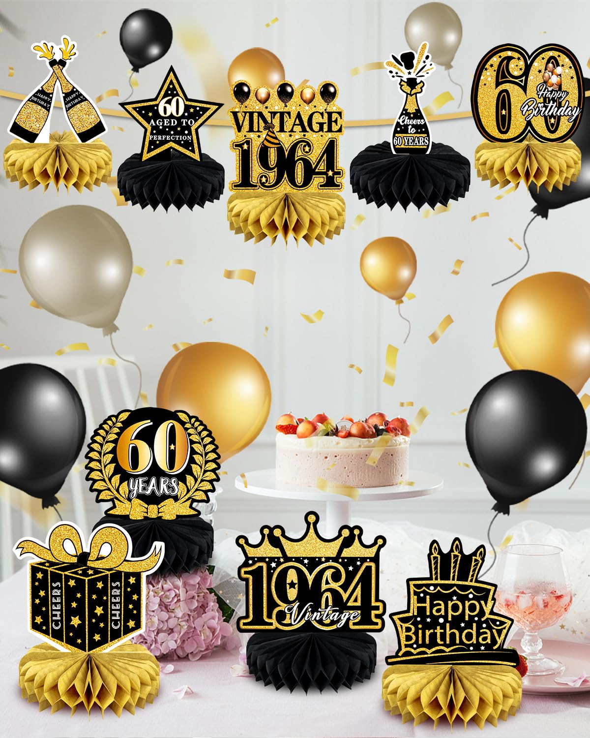 9 Pcs 60th Birthday Decoration for Men Women 60th Birthday Centerpieces for Tables Cheers to 60 Years Birthday Honeycomb Decor 1964 Birthday Table Topper Black and Gold 60th Birthday Party Favors