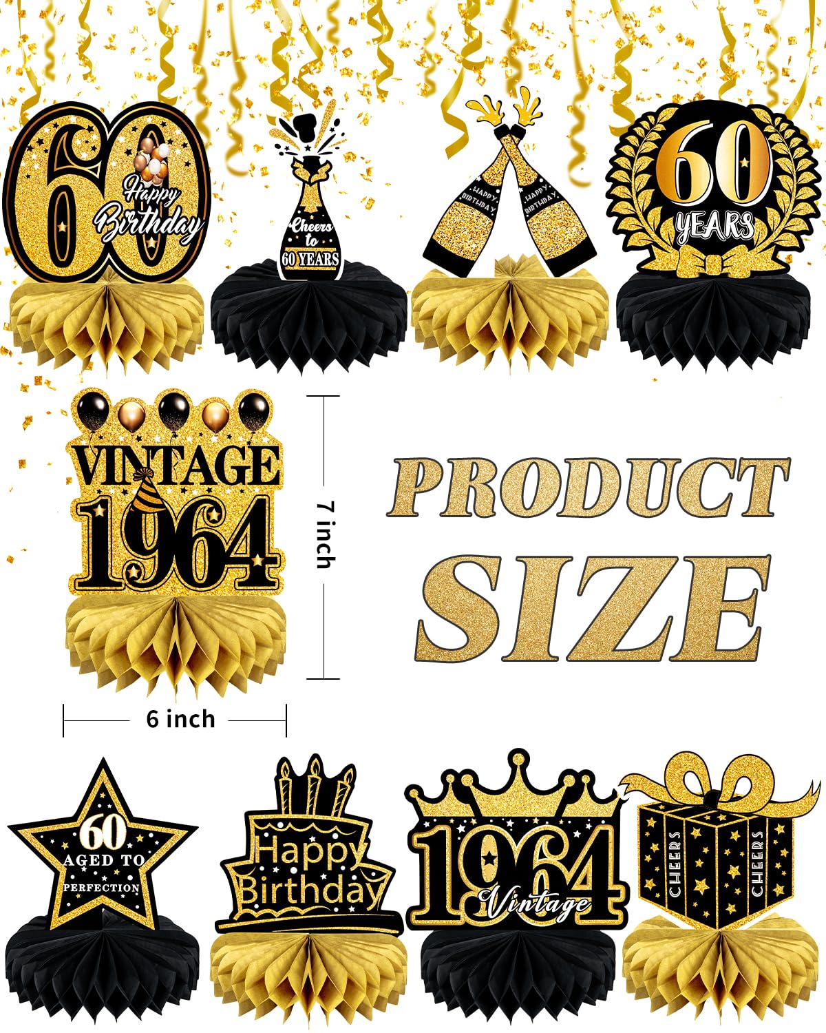 9 Pcs 60th Birthday Decoration for Men Women 60th Birthday Centerpieces for Tables Cheers to 60 Years Birthday Honeycomb Decor 1964 Birthday Table Topper Black and Gold 60th Birthday Party Favors