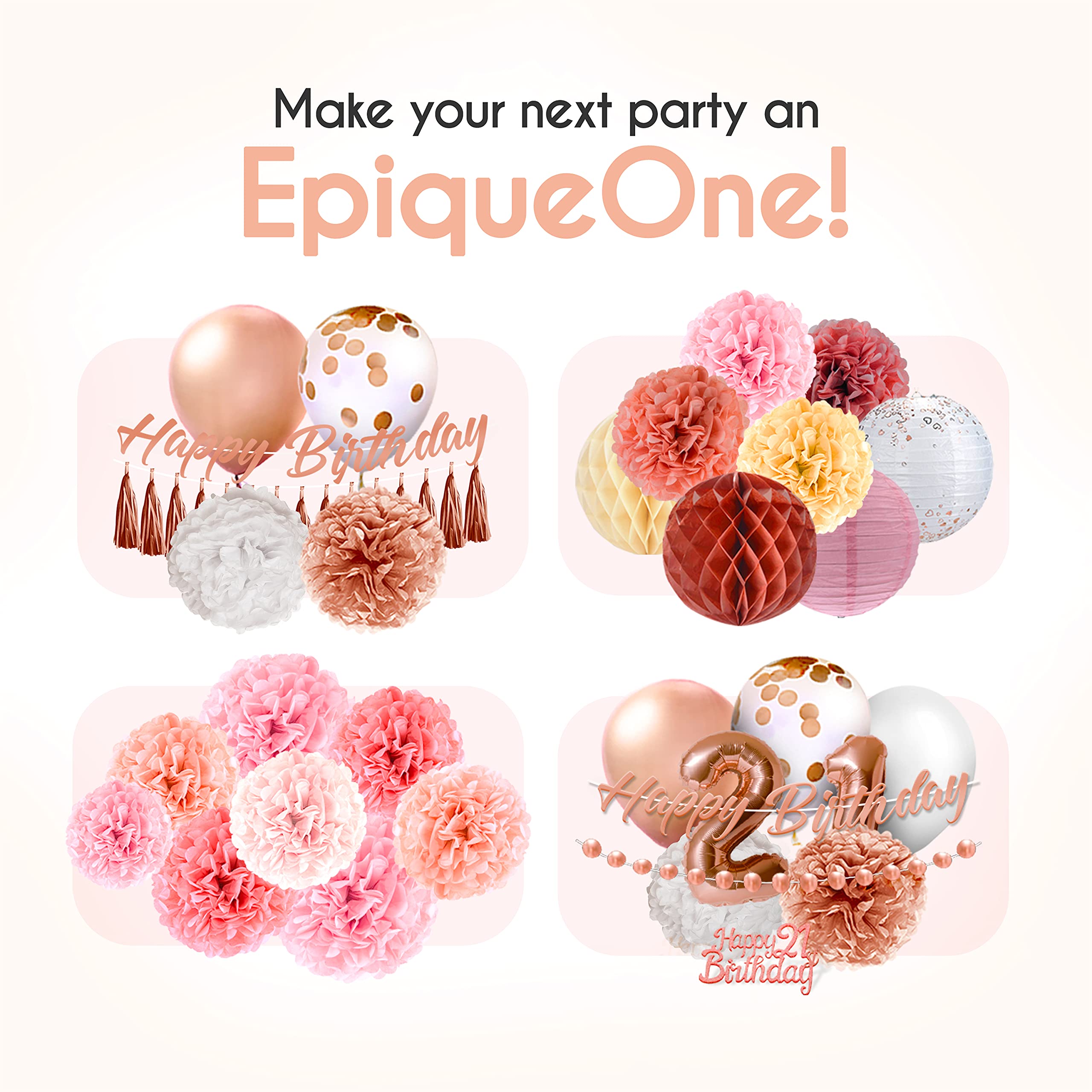 EpiqueOne 41-Piece Rose Gold 40th Birthday Decorations for Women | Includes Happy Birthday Banner, Cake Topper, Tissue Pom Poms & More | Easy to Set Up | Also Ideal for Bridal and Baby Showers & More