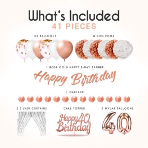 EpiqueOne 41-Piece Rose Gold 40th Birthday Decorations for Women | Includes Happy Birthday Banner, Cake Topper, Tissue Pom Poms & More | Easy to Set Up | Also Ideal for Bridal and Baby Showers & More