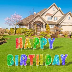 Coonoe Happy Birthday Yard Sign with Metal Stakes - 16” Outdoor Lawn Decorations, Weather-Resistant Letters, birthday party supplies gift for Kids & Adults (Glitter)