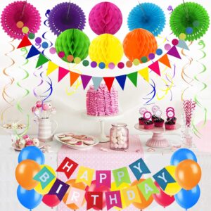 ZERODECO Birthday Party Decoration, Multi-colored Happy Birthday Banner with Paper Fans, Honeycomb Balls, Triangular Pennants, Circle Paper Garland, Hanging Swirls and Balloons