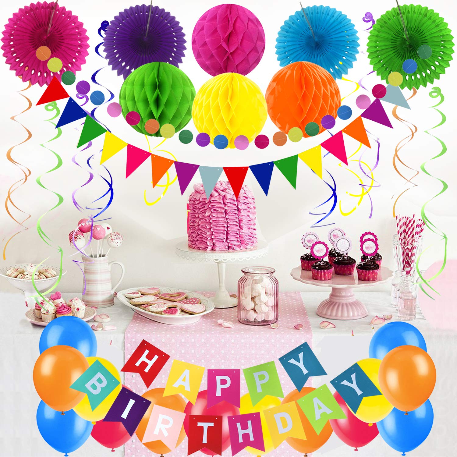 ZERODECO Birthday Party Decoration, Multi-colored Happy Birthday Banner with Paper Fans, Honeycomb Balls, Triangular Pennants, Circle Paper Garland, Hanging Swirls and Balloons