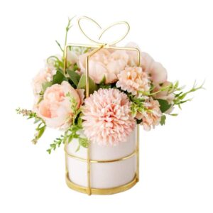 kirifly fake artificial flowers in vase faux peony silk hydrangea flower centerpieces décor for wedding table decoration(pink in gold)