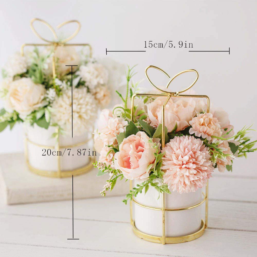 KIRIFLY Fake Artificial Flowers in Vase Faux Peony Silk Hydrangea Flower Centerpieces Décor for Wedding Table Decoration(Pink in Gold)