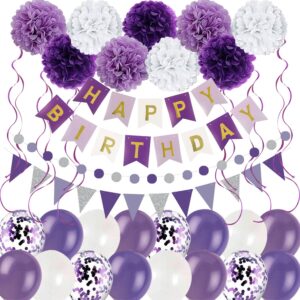 purple white birthday decorations party supplies for women girls with happy birthday banner,tissue paper pom poms, triangular pennants, latex confetti balloons- purple, lavender and white