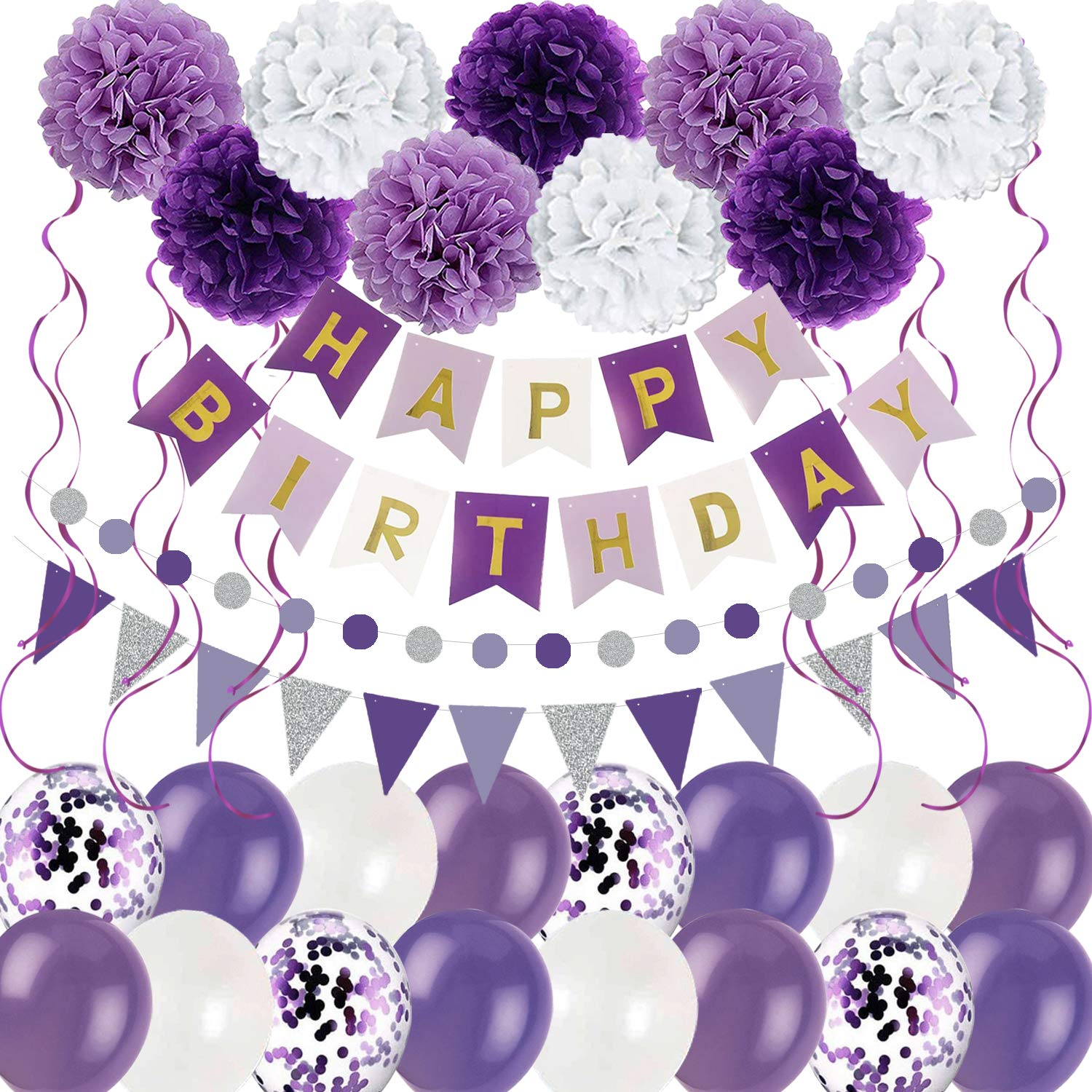 Purple White Birthday Decorations Party Supplies for Women Girls with Happy Birthday Banner,Tissue Paper Pom Poms, Triangular Pennants, Latex Confetti Balloons- Purple, Lavender and White