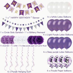 Purple White Birthday Decorations Party Supplies for Women Girls with Happy Birthday Banner,Tissue Paper Pom Poms, Triangular Pennants, Latex Confetti Balloons- Purple, Lavender and White