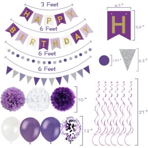 Purple White Birthday Decorations Party Supplies for Women Girls with Happy Birthday Banner,Tissue Paper Pom Poms, Triangular Pennants, Latex Confetti Balloons- Purple, Lavender and White