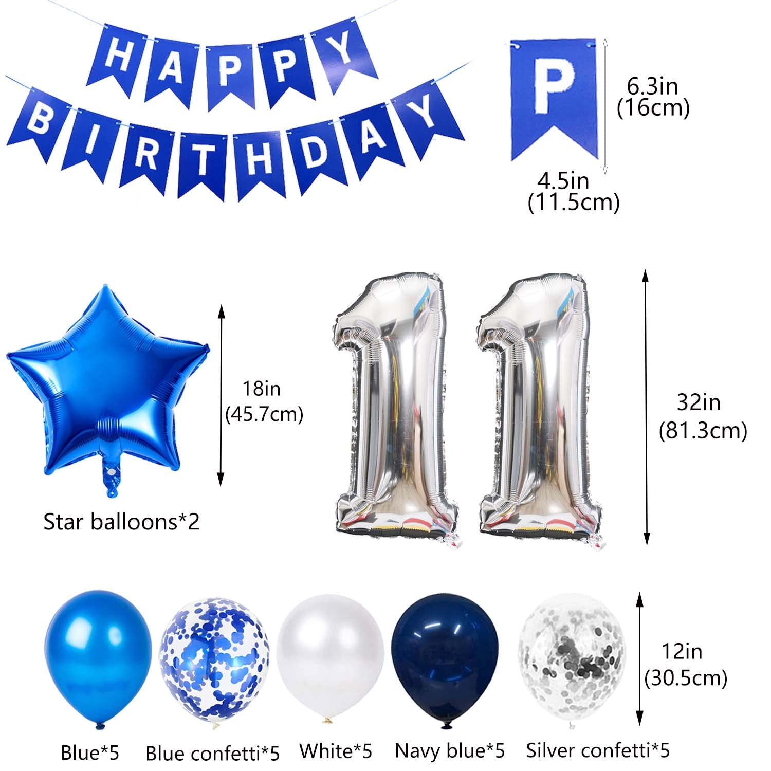 11th Birthday Party Decoration for Boys, Happy Birthday Banner Blue Number 11 Birthday Balloons 11th Birthday Latex Confetti Balloon for Boys Him Son 11 Years Old Birthday Decoration Supplies (11th)