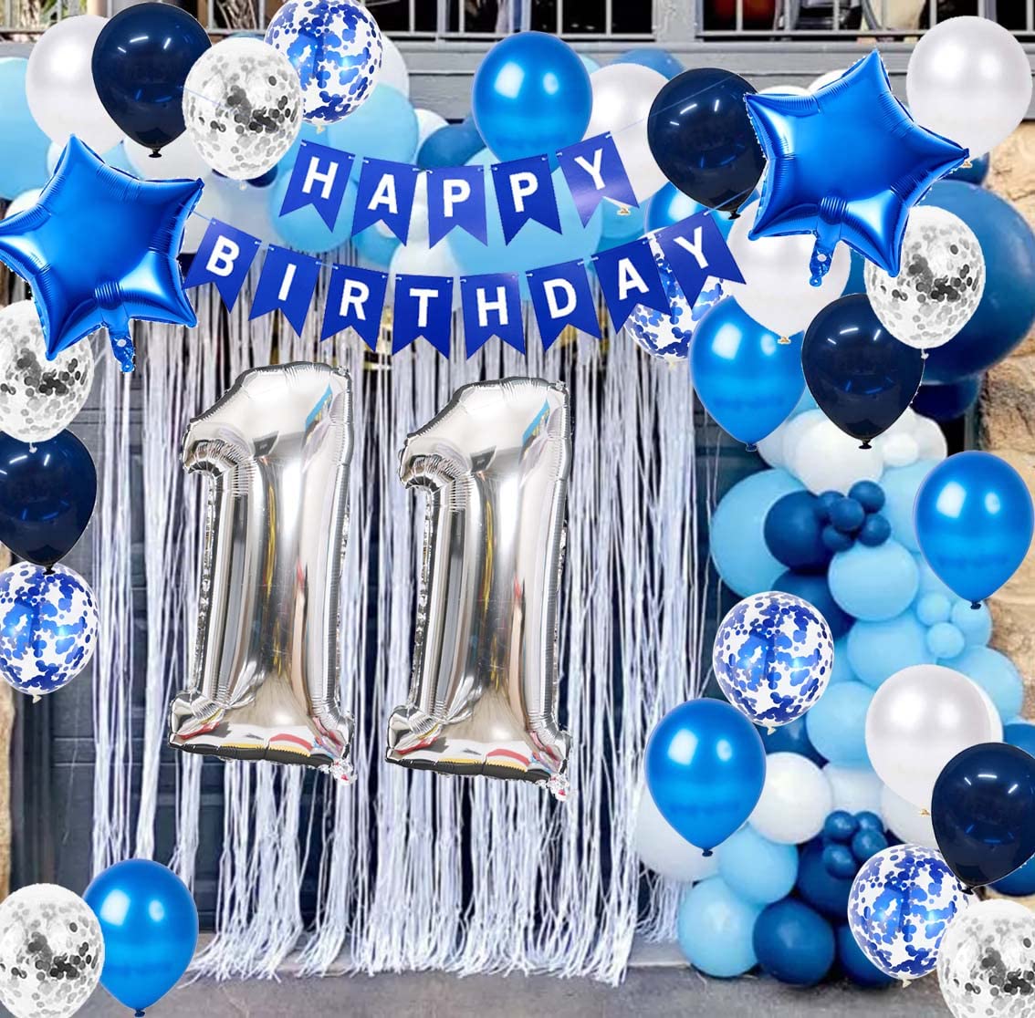 11th Birthday Party Decoration for Boys, Happy Birthday Banner Blue Number 11 Birthday Balloons 11th Birthday Latex Confetti Balloon for Boys Him Son 11 Years Old Birthday Decoration Supplies (11th)