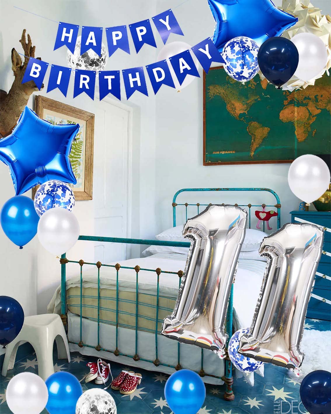 11th Birthday Party Decoration for Boys, Happy Birthday Banner Blue Number 11 Birthday Balloons 11th Birthday Latex Confetti Balloon for Boys Him Son 11 Years Old Birthday Decoration Supplies (11th)